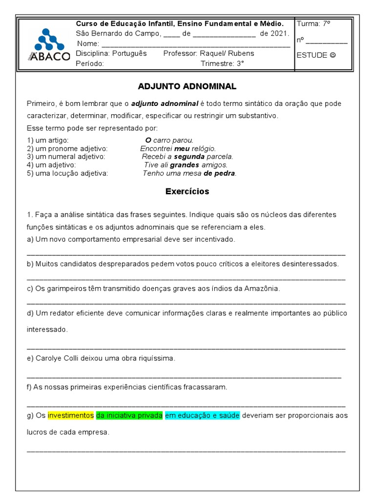 Ficha ADJUNTO ADNOMINAL X COMPLEMENTO NOMINAL 2021 (7° Ano) | PDF | Substantivo | Ciência cognitiva