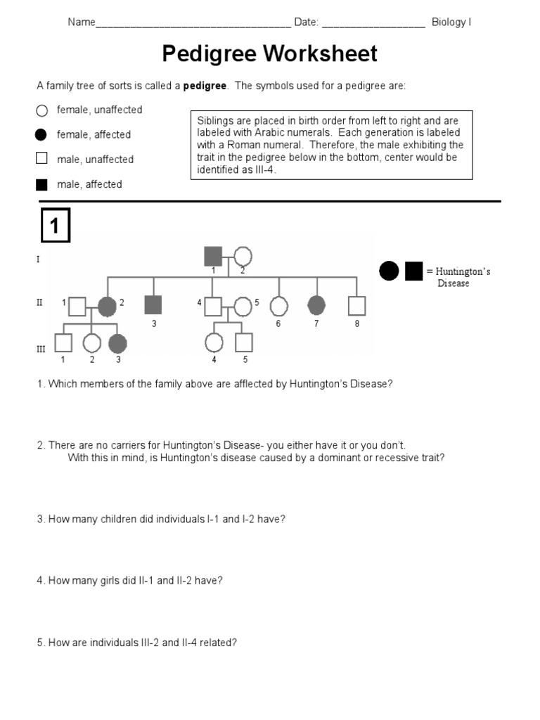 Analysis of Pedigree Worksheets Demonstrating Inheritance Patterns of ...