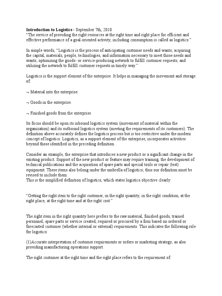 Introduction To Logistics | PDF | Warehouse | Logistics