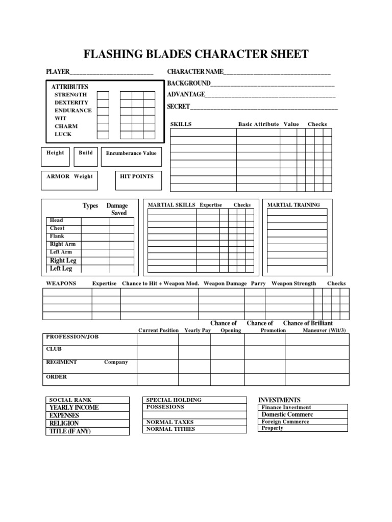 Flashing Blades Character Sheet | PDF