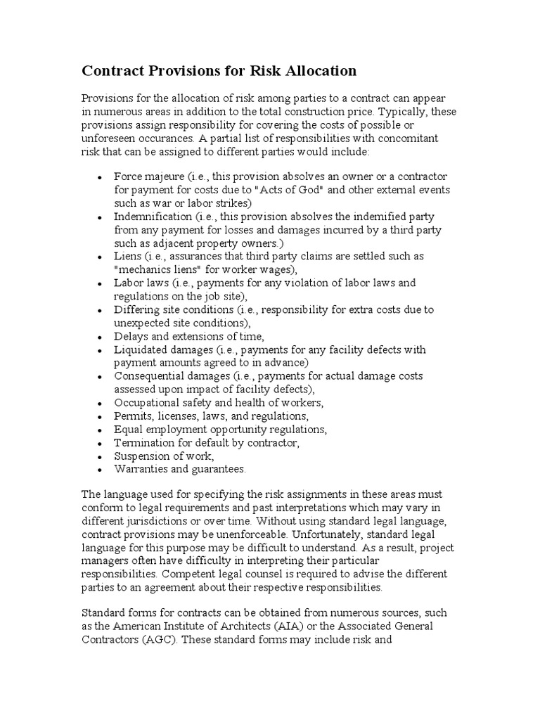 Risk Allocation in Construction Contracts | PDF | Indemnity | Liability ...