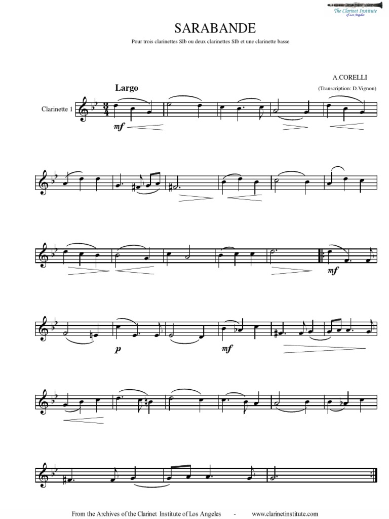 Corelli, Archangelo - Sarabande For Clarinet Trio | PDF | Bois (musique ...