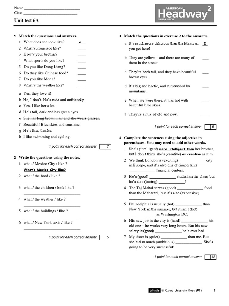 Unit Test 6A: Match The Questions and Answers. Match The Questions in ...