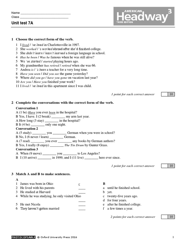 Unit Test 7A: 1 Choose The Correct Form of The Verb | PDF