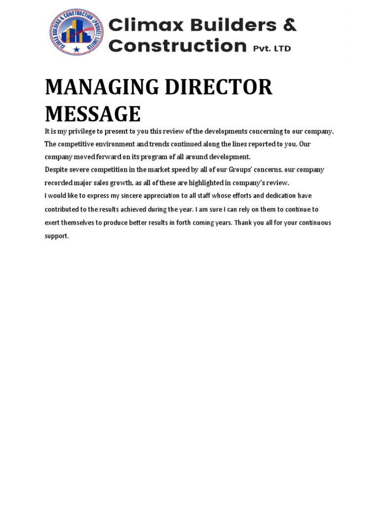 Managing Director Message | PDF | Customer | Employment