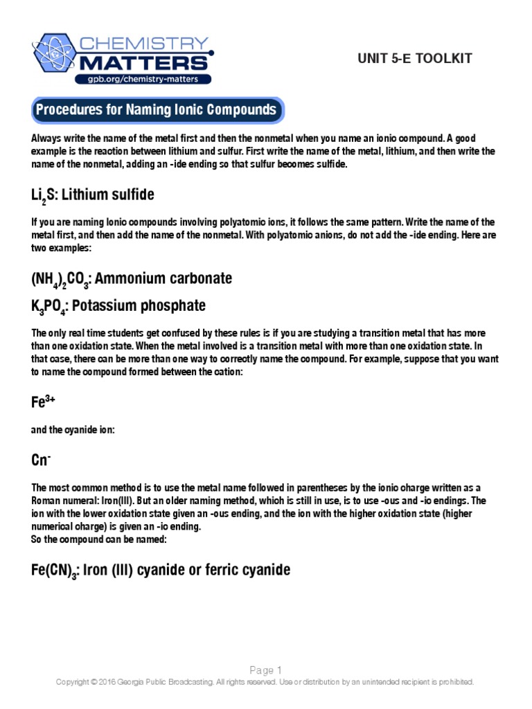 Malaysha Brunner - Unit 5E Procedures For Naming Ionic Compounds | PDF ...