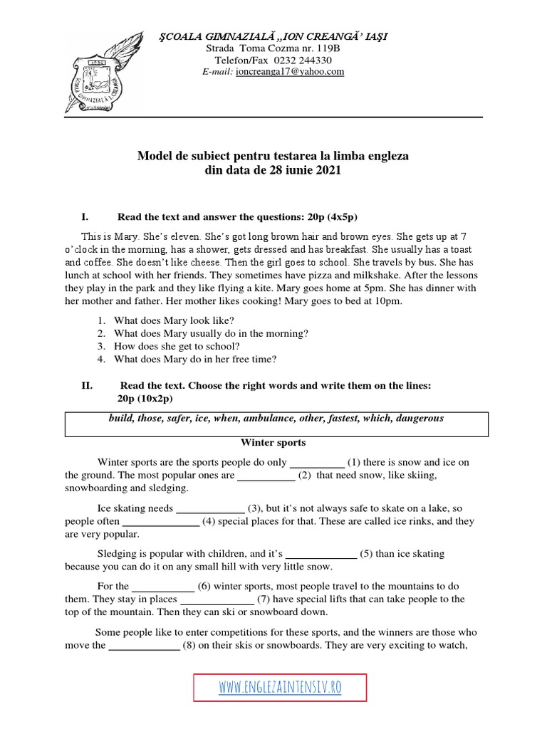 Test Engleza Intensiv 2021 | PDF