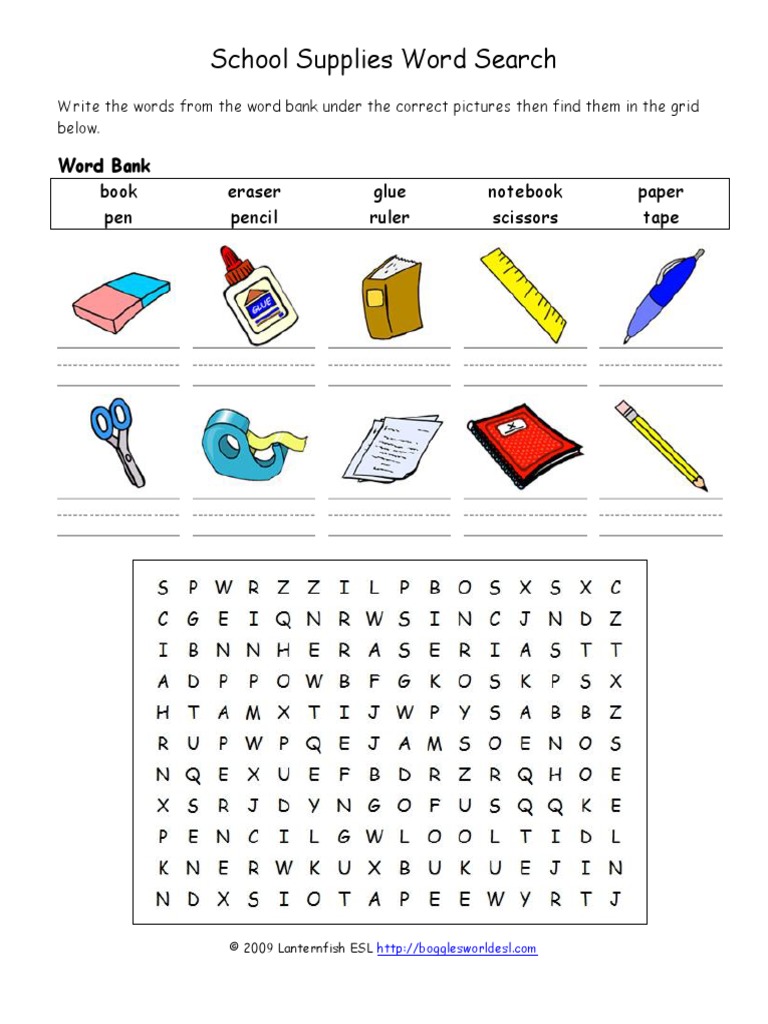 School Supplies Word Search | PDF