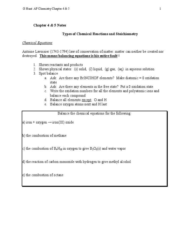 Chapter 4 & 5 AP Notes Chemical Reactions & Stoichiometry NOTES | PDF ...