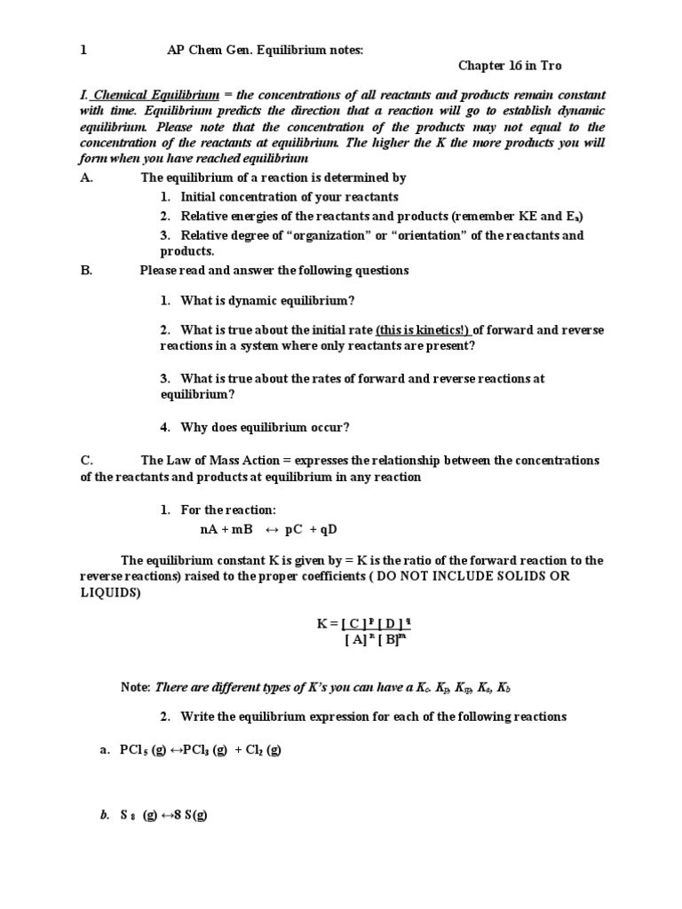 AP Chemistry Equilibrium Concepts Guide | PDF | Chemical Equilibrium ...