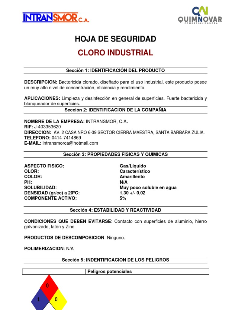 Hoja de Seguridad de Cloro Industrial-1 | PDF | Agua | Blanqueador