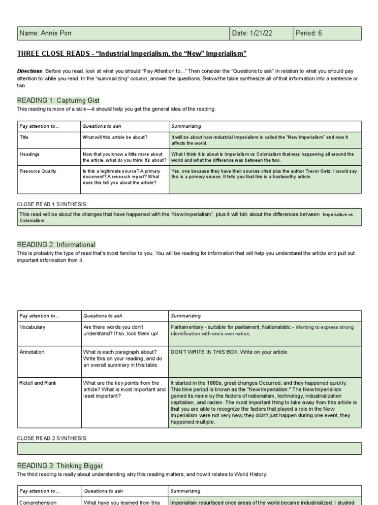 The New Imperialism 3 Close Reads | PDF | Reading Comprehension | Cognition