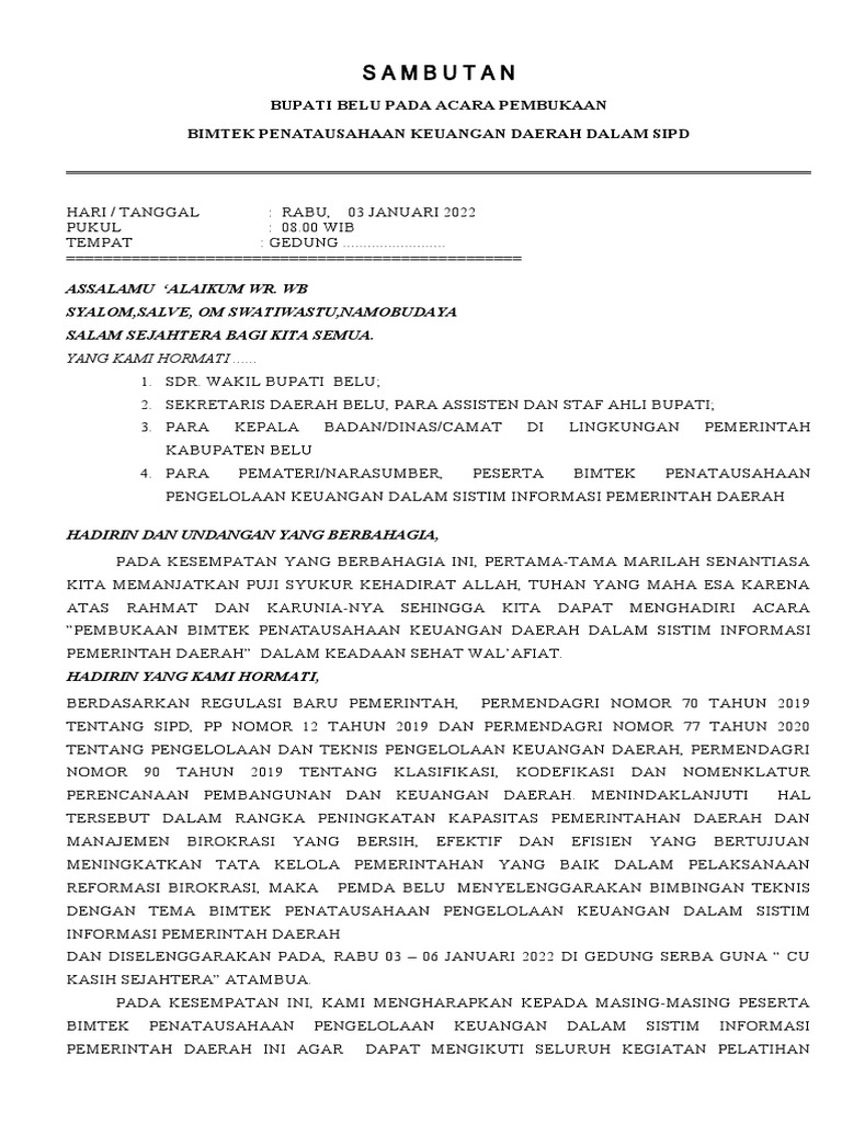 Sambutan Utk Bimtek 03 Januari 2022 | PDF