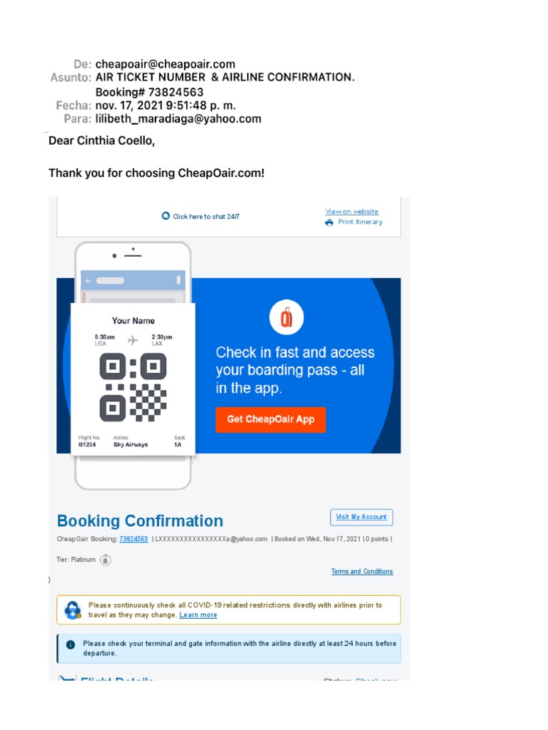 Air Ticket Number & Airline Confirmation. Booking# 73824563 | PDF ...