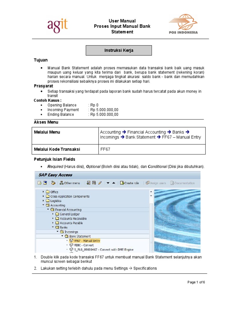 007.1. POS - KPRK - SAP - TR - User Manual - Proses Input Manual Bank Statement (FF67) | PDF