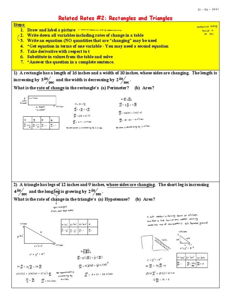 Related Rates #2: Rectangles and Triangles: in in | PDF