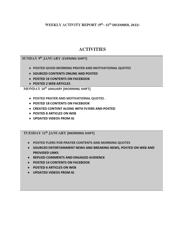 Weekly Activity Report (9th - 15th January 2022) | PDF