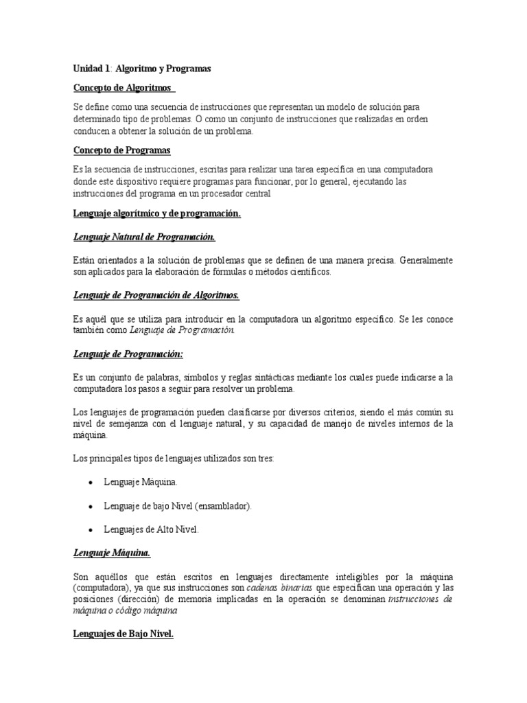 Unidad 1 Algoritmo y Programacion | PDF | Lenguaje de programación | Algoritmos