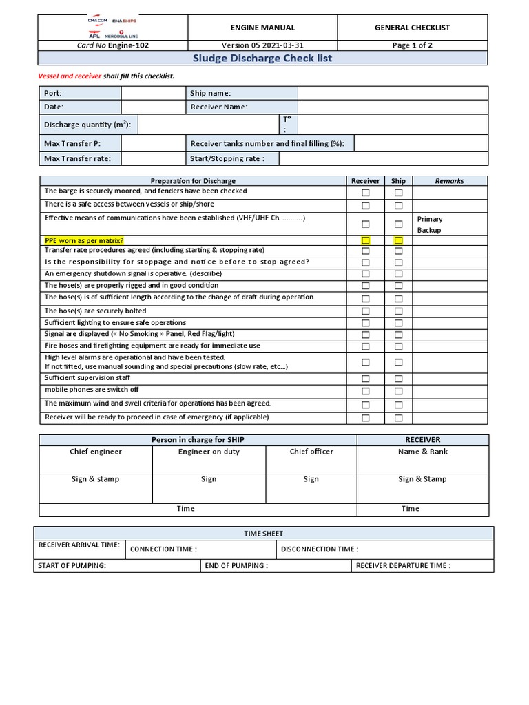 Engine-102 Sludge Discharge Checklist | PDF | Valve | Pump