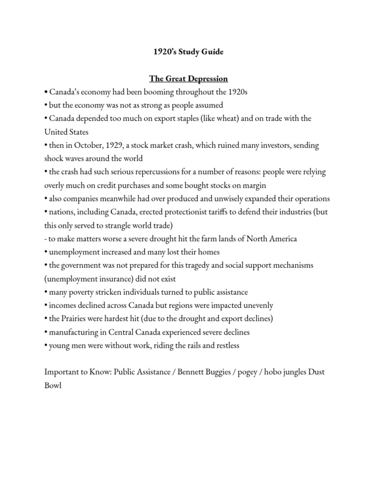 1920's Study Guide The Great Depression - Canada's Economy Had Been ...