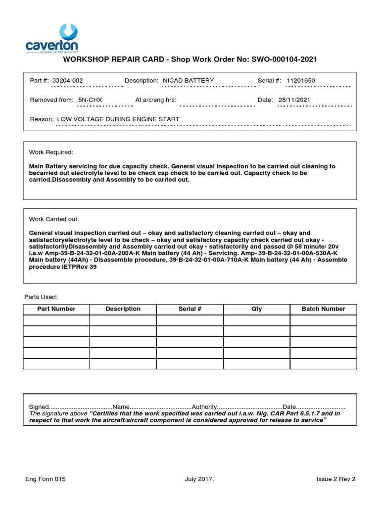 WORKSHOP REPAIR CARD Shop Work Order No SWO 000104 2021 The