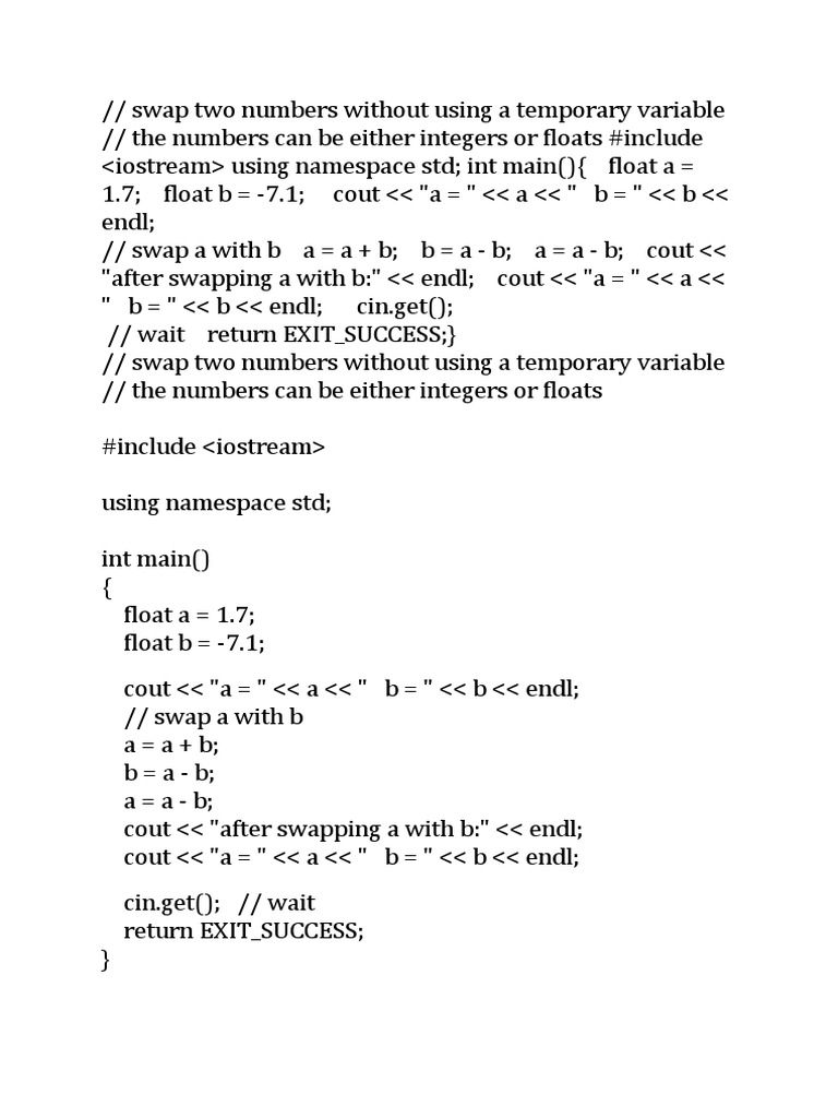 C++ Program To Swap Two Numbers | PDF