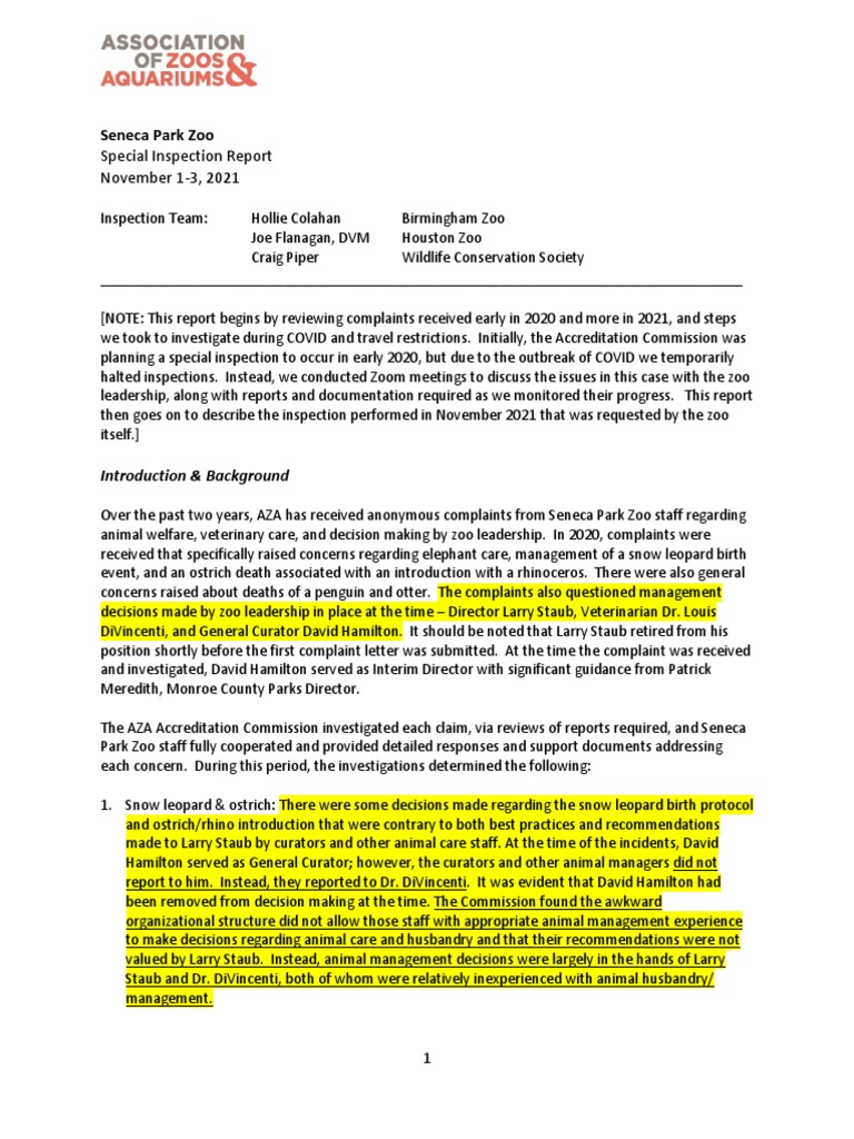 Seneca Park Zoo Special Inspection Report | PDF | Zoo | Animal Welfare