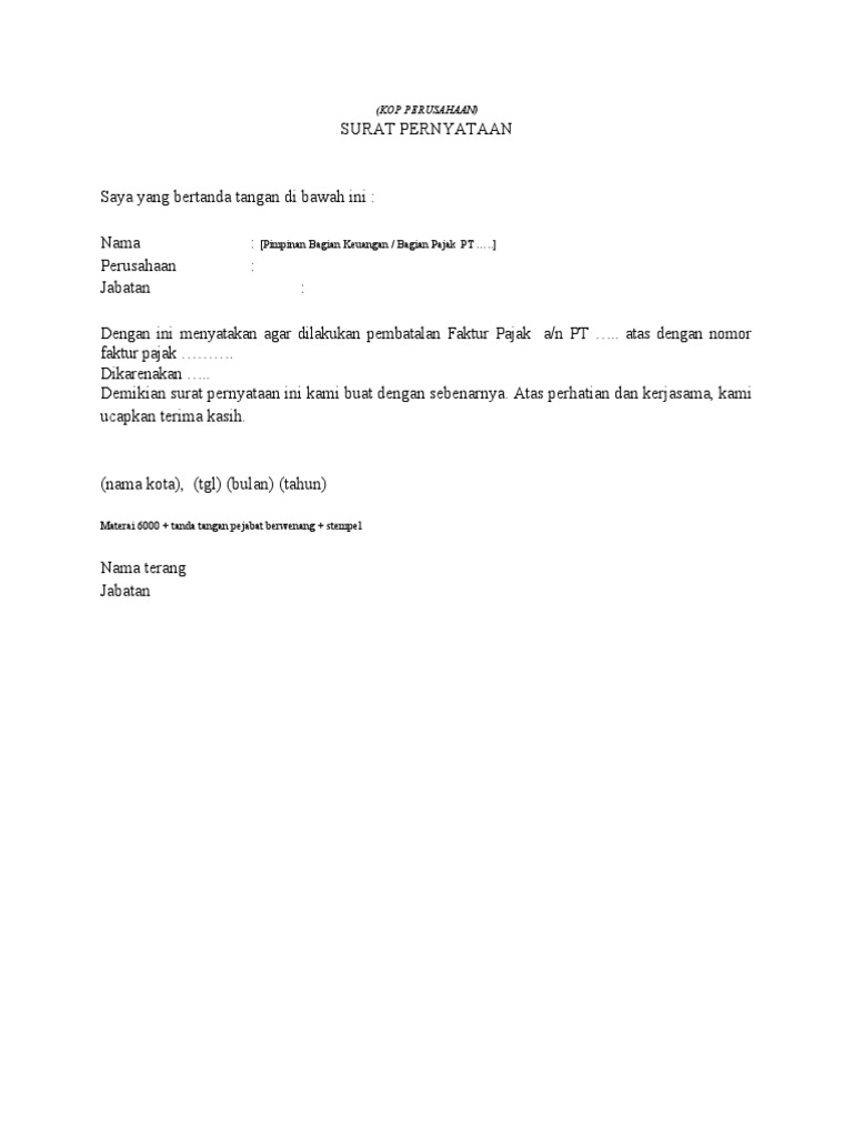 Format Surat Pernyataan Pembatalan Faktur | PDF