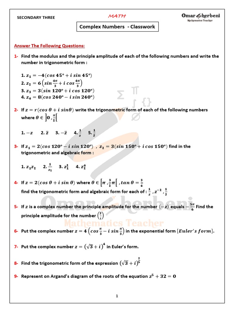 Complex Numbers - Classwork: Answer The Following Questions | PDF | Complex Number | Algebra