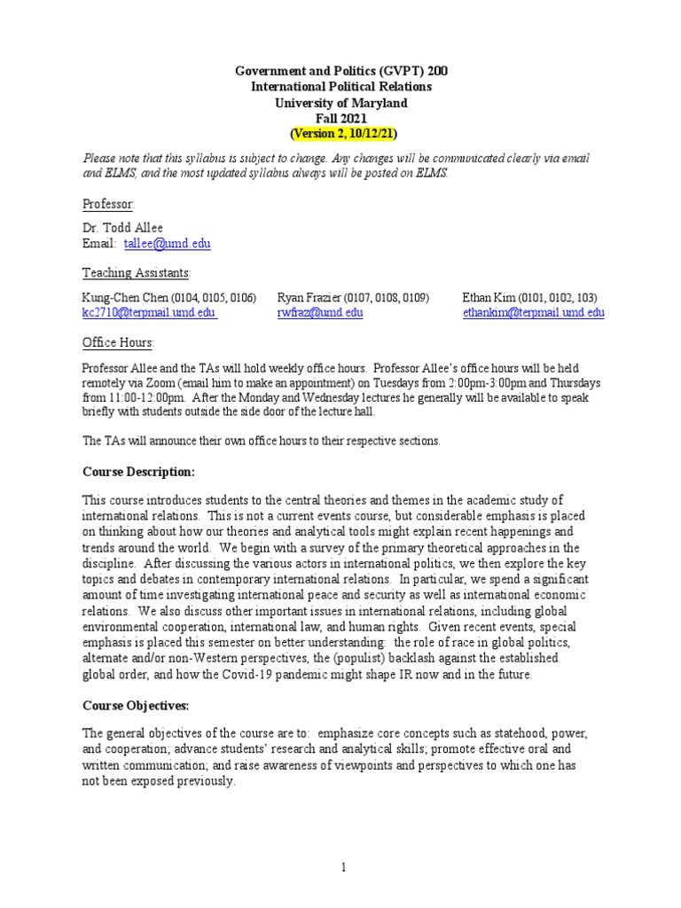 GVPT 200 Syllabus - Fall 2021 (v2) | PDF | Inclusion (Education) | Lecture