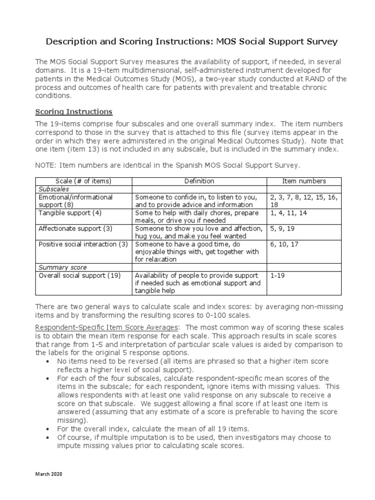 Description and Scoring Instructions MOS Social Support Survey 19 Item ...