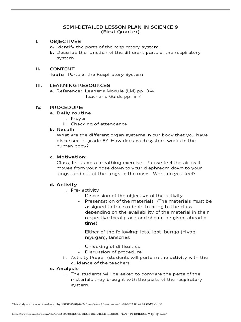 Science Semi Detailed Lesson Plan in Science 9 Q1 Q4 | PDF ...