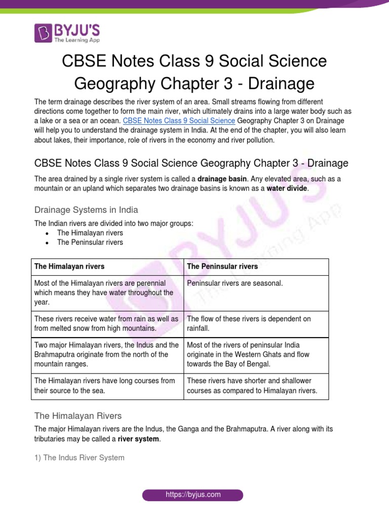 CBSE Notes Class 9 Social Science Geography Chapter 3 - Drainage | PDF ...
