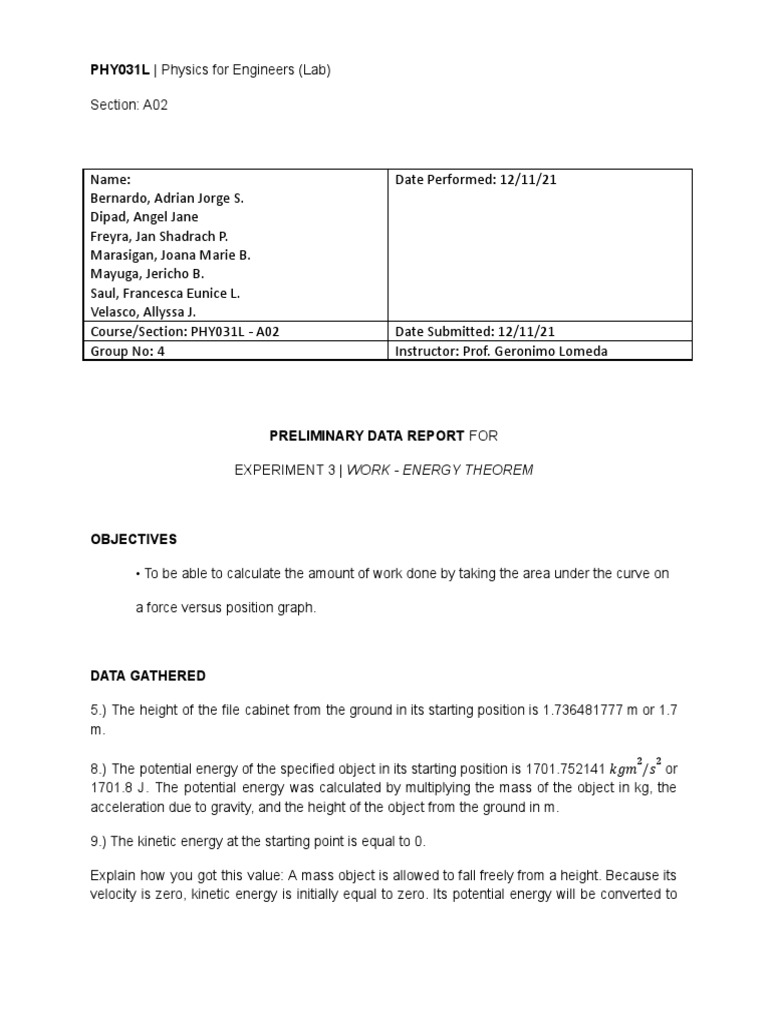 Preliminary Data Sheet - Experiment 3 - Group4 | PDF | Force | Acceleration