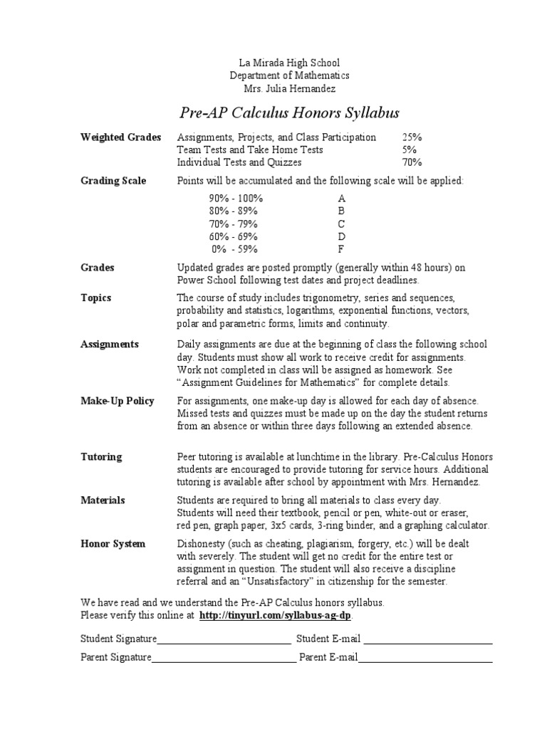 Pre-AP Calculus Honors Syllabus: Weighted Grades Assignments, Projects ...