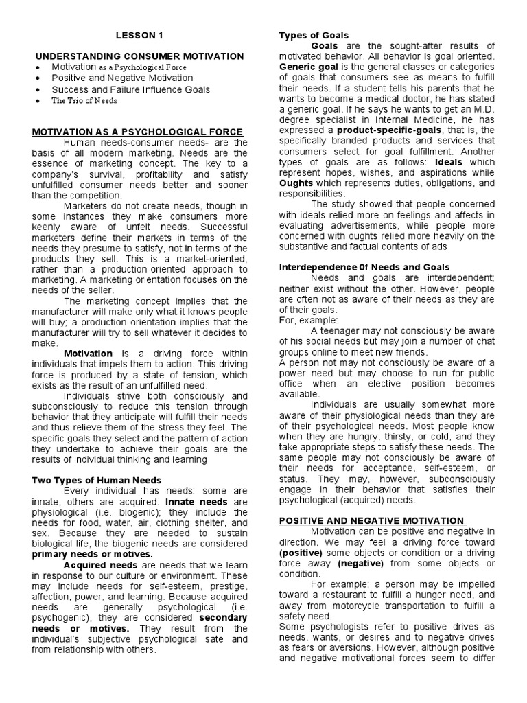 Lesson-1 Understanding Consumer Motivation | PDF | Motivation ...