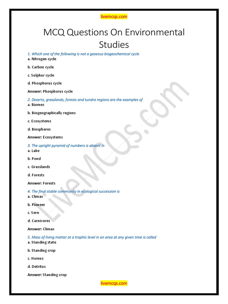 MCQ Questions On Environmental Studies | PDF | Food Web | Ecosystem