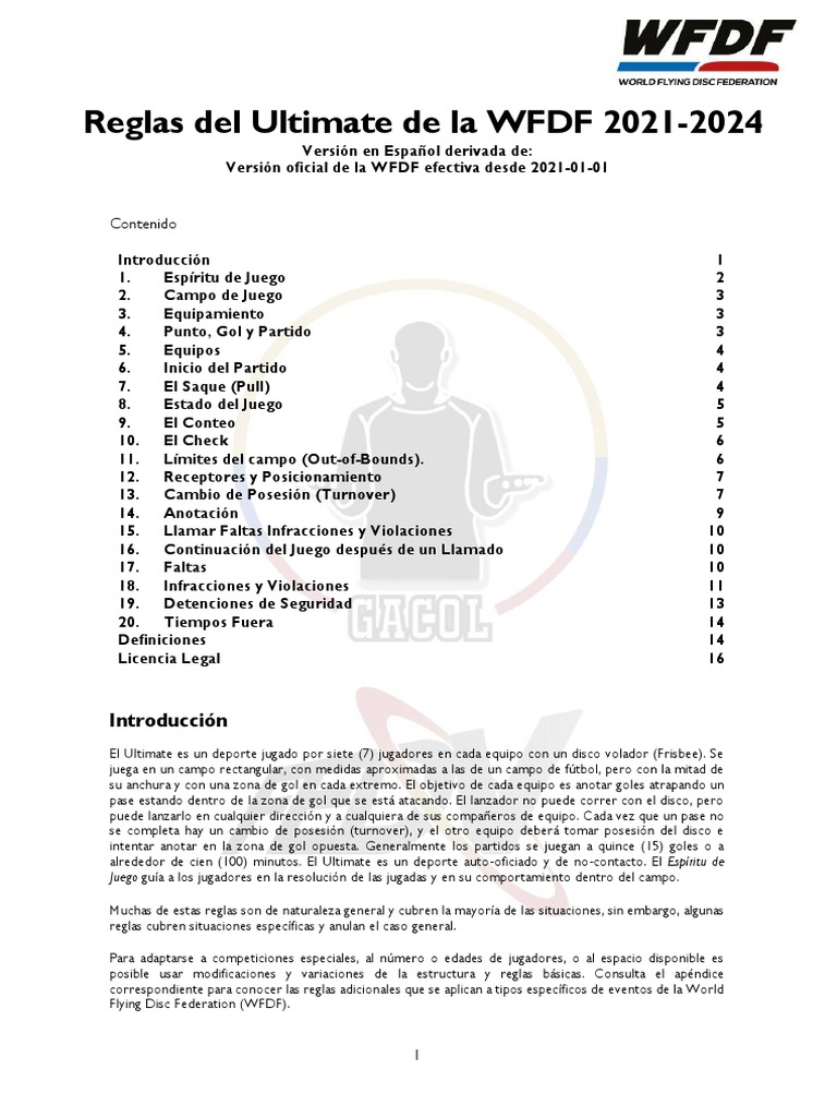 WFDF Rules of Ultimate 2021-2024 ESP Universal | PDF | Asociación de ...