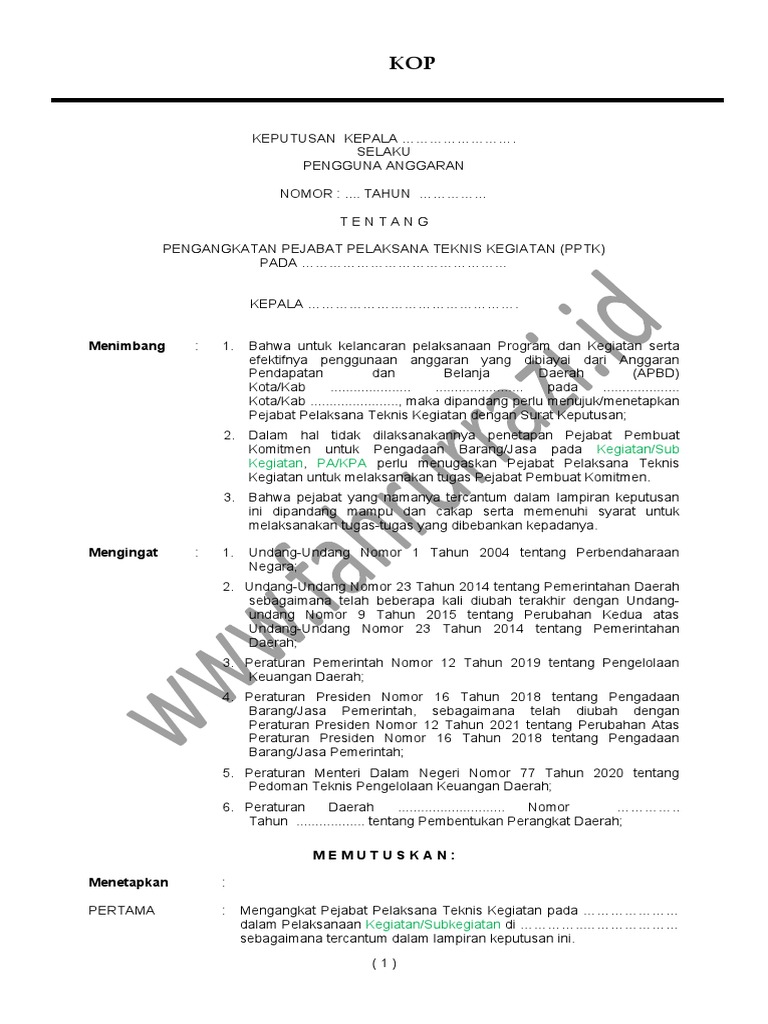 Contoh SK PPTK - Dengan Tugas PPK | PDF