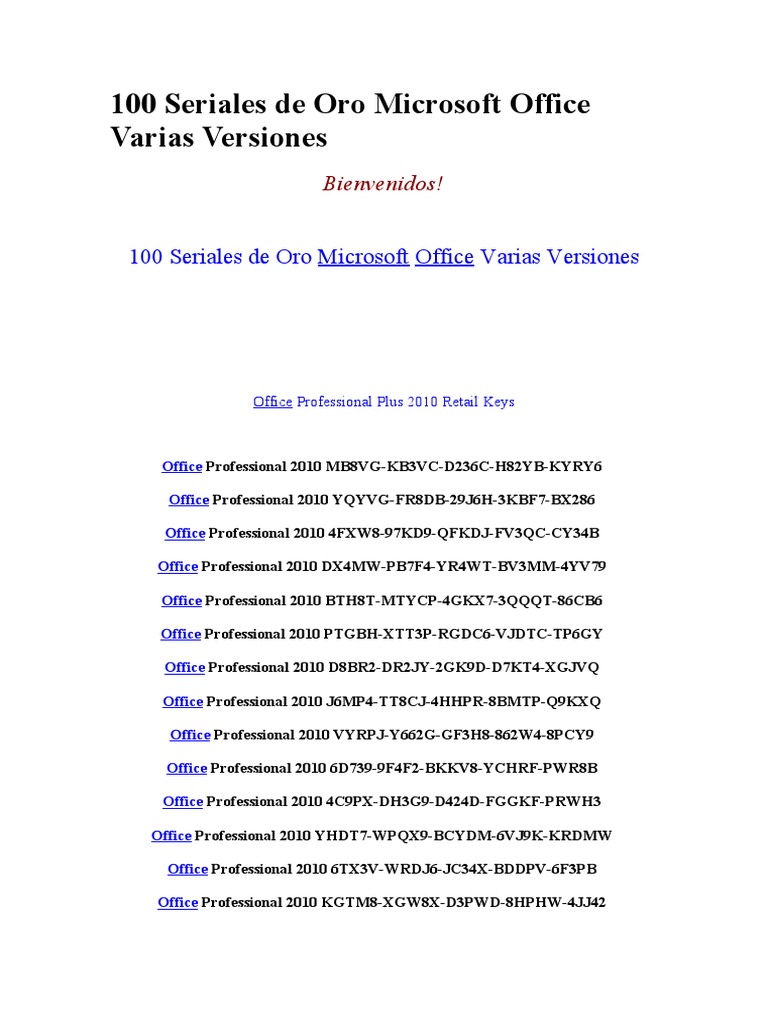 100 Seriales de Oro Microsoft Office Varias Versiones | PDF | Microsoft Office | Share Point