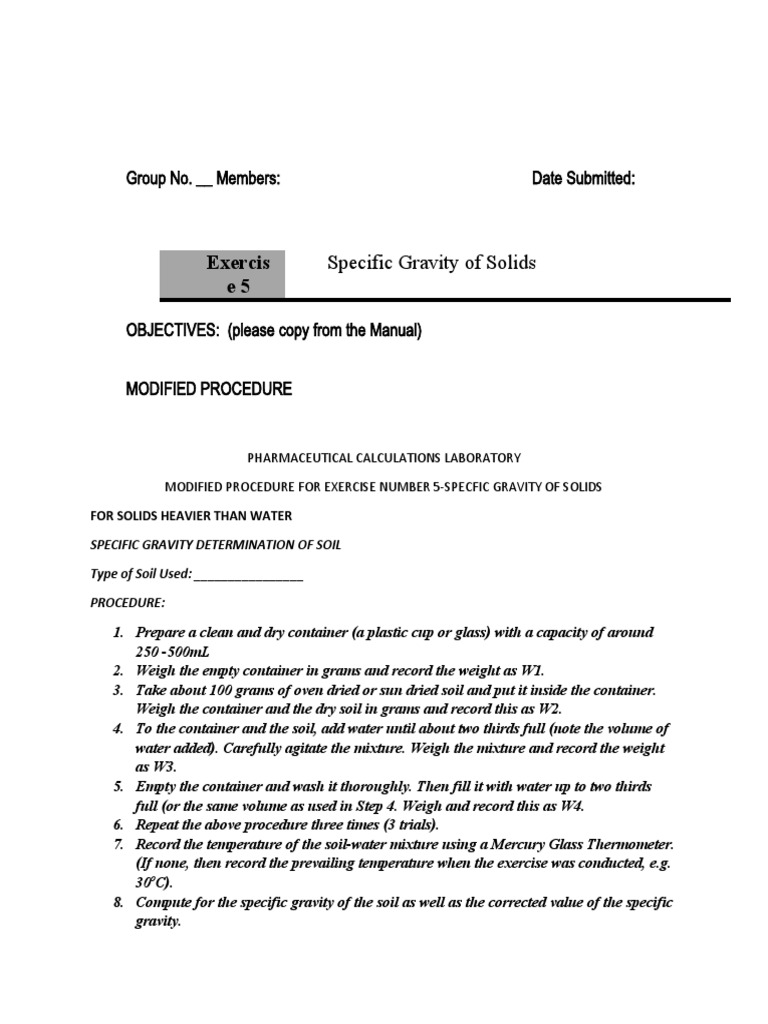 Exercise 5. Specific Gravity of Solids Worksheet | PDF | Weight | Soil
