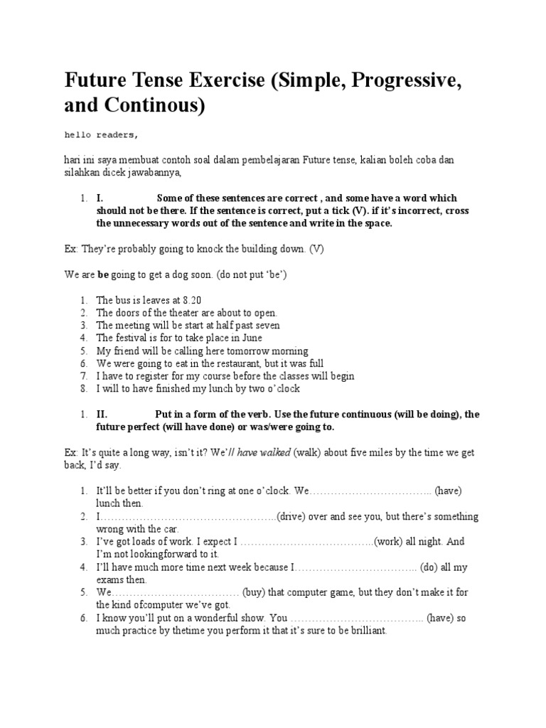Future Tense Exercise (Simple, Progressive, and Continous) | PDF ...