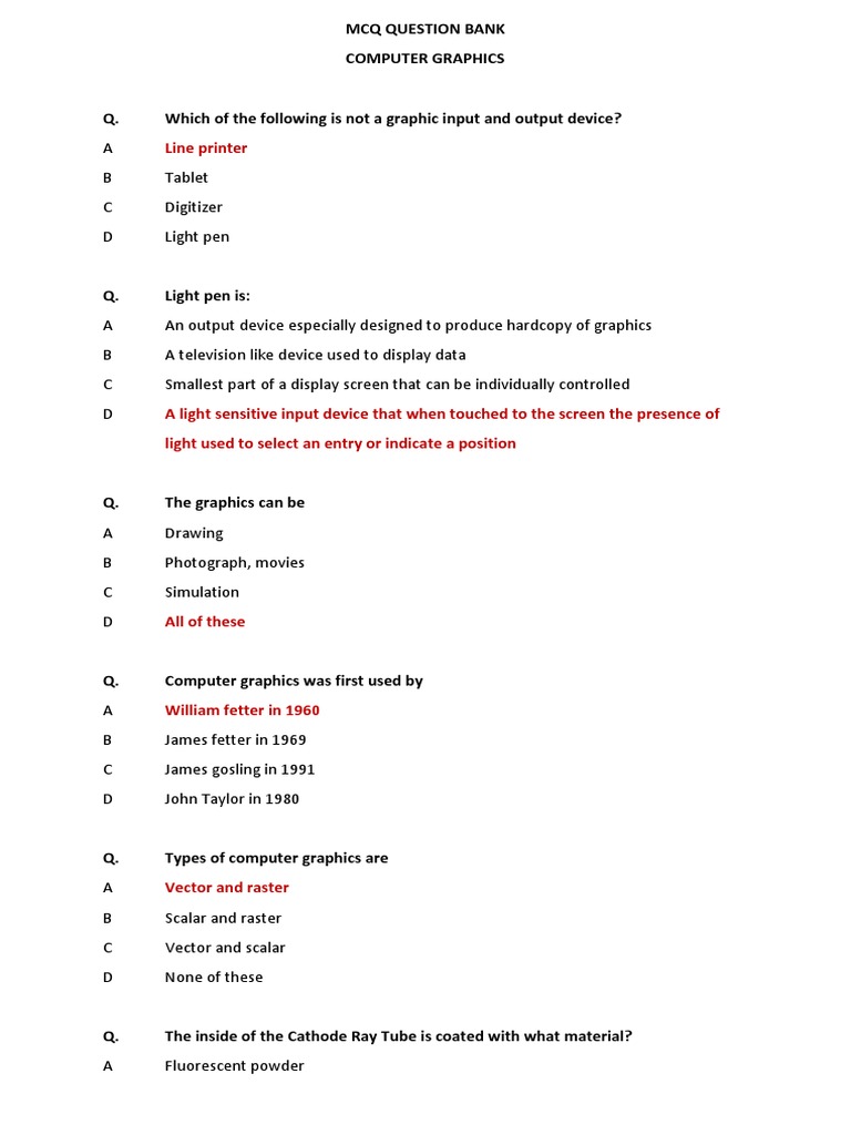 MCQ Question Bank Computer Graphics | PDF | Computer Graphics | Pixel MCQ Question Bank Computer Graphics | PDF | Computer Graphics | Pixel