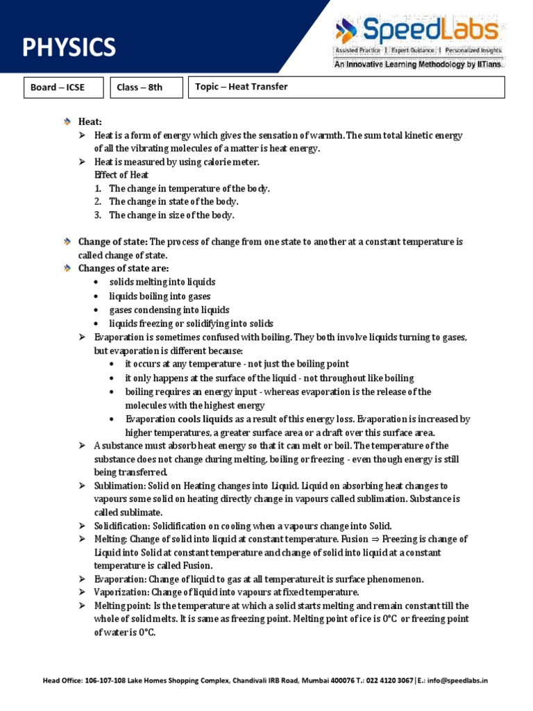 Heat - Chapter Notes - Notes - ICSE | PDF | Thermal Expansion | Liquids