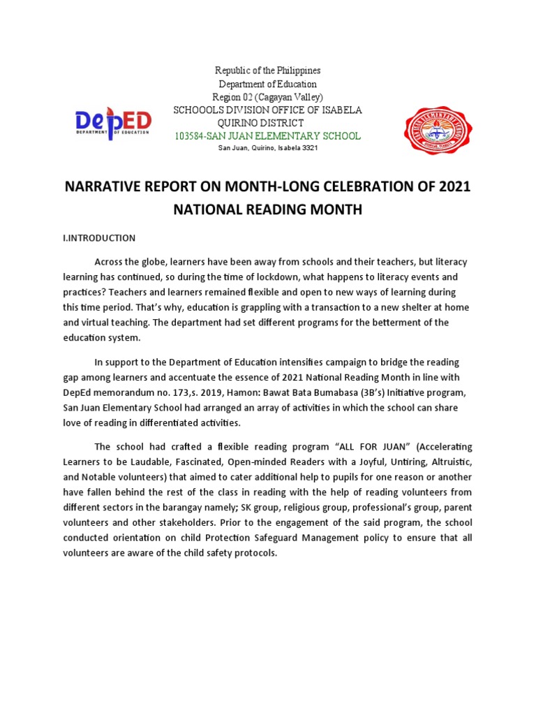 Narrative Report On Month-Long Celebration of 2021 National Reading ...