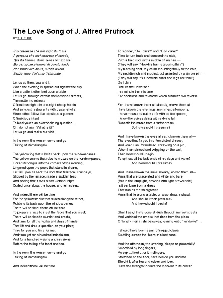 The Love Song of J. Alfred Prufrock: T. S. Eliot | PDF