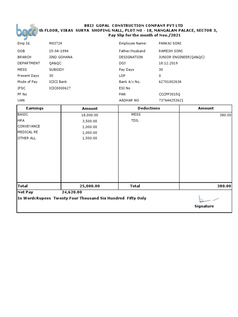 Pankaj Soni Nov. BGCC Pay Slip | PDF