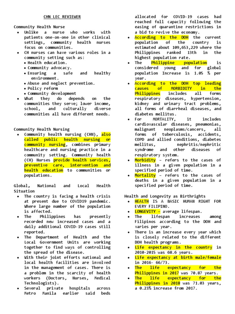 CHN Lec Reviewer | PDF | Nursing | Health Care