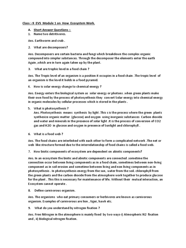 Class:-9 EVS Module 1 On How Ecosystem Work. A. Short Answer Questions ...