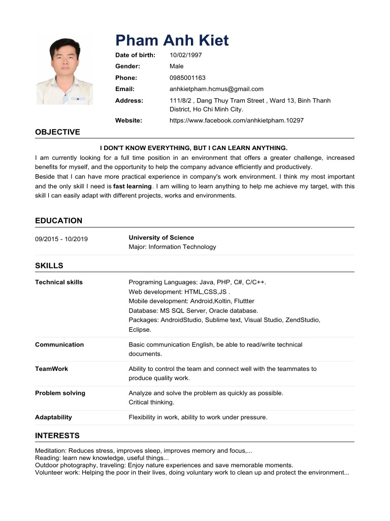 Pham Anh Kiet: Objective | PDF | Android (Operating System) | Mobile App